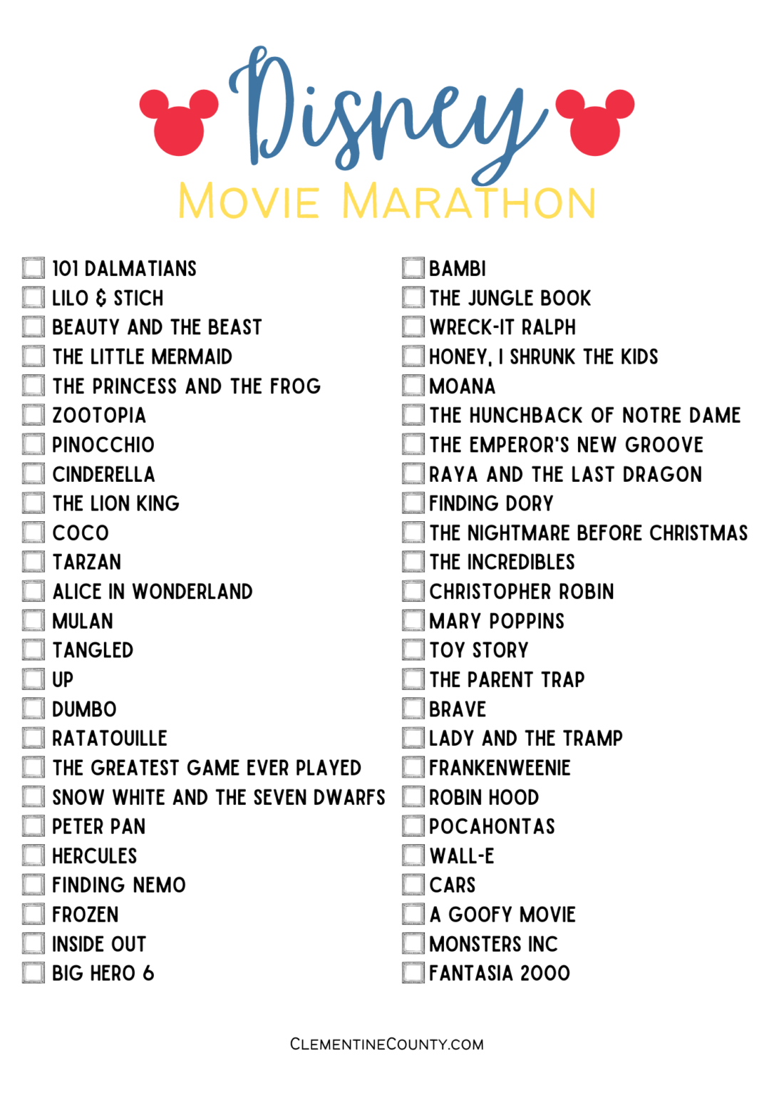 Free Disney Movie Marathon Printable | Clementine County